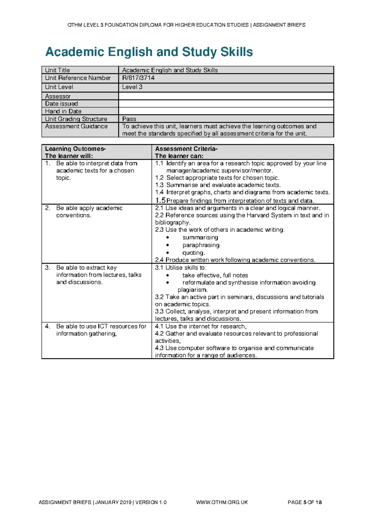 OTHM Level 3 Academic English & Study Skills Assignment Briefs - Studocu