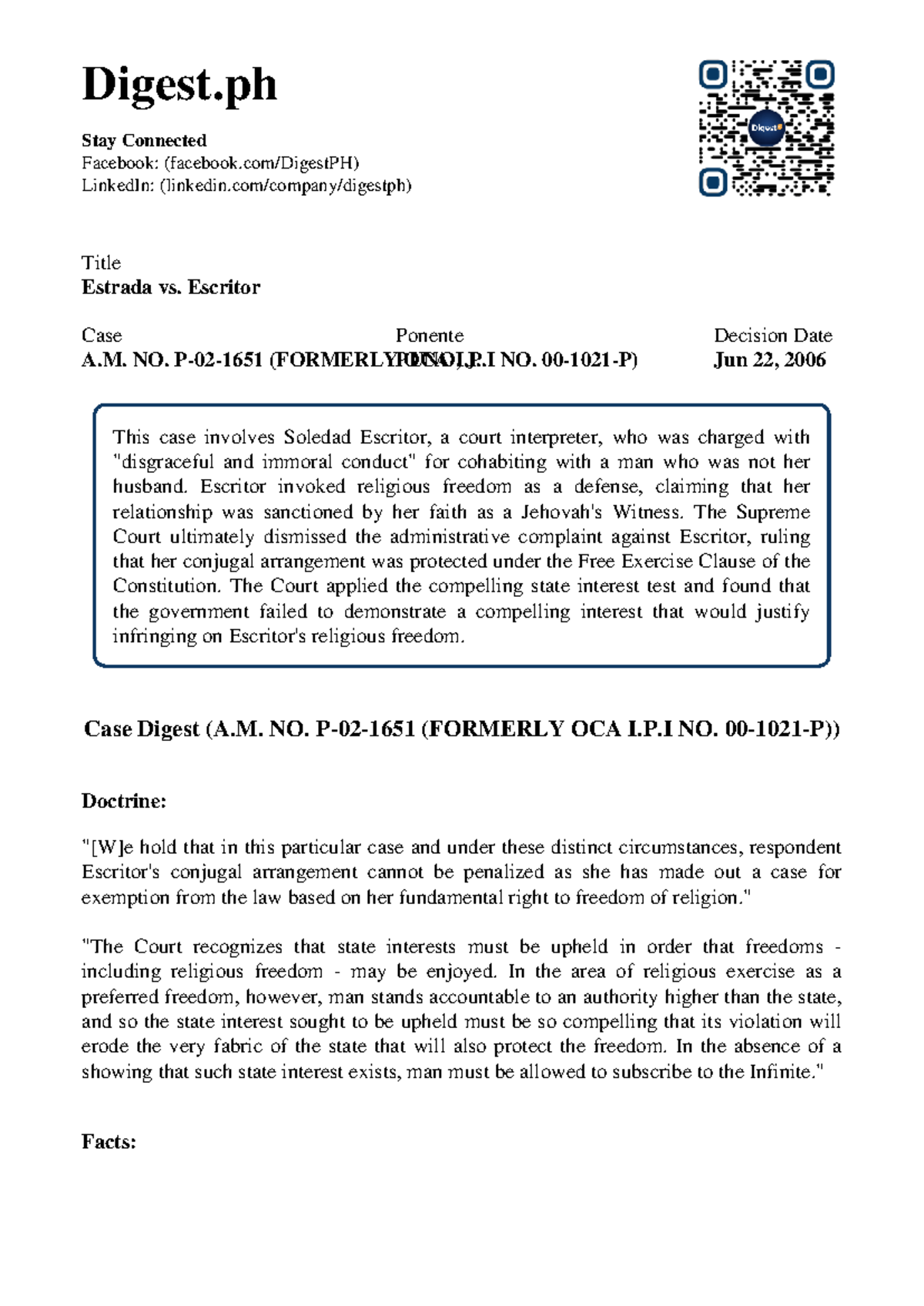 Case Digest: Estrada vs. Escritor (A.M. NO. Decision Jun 22, 2006 ...