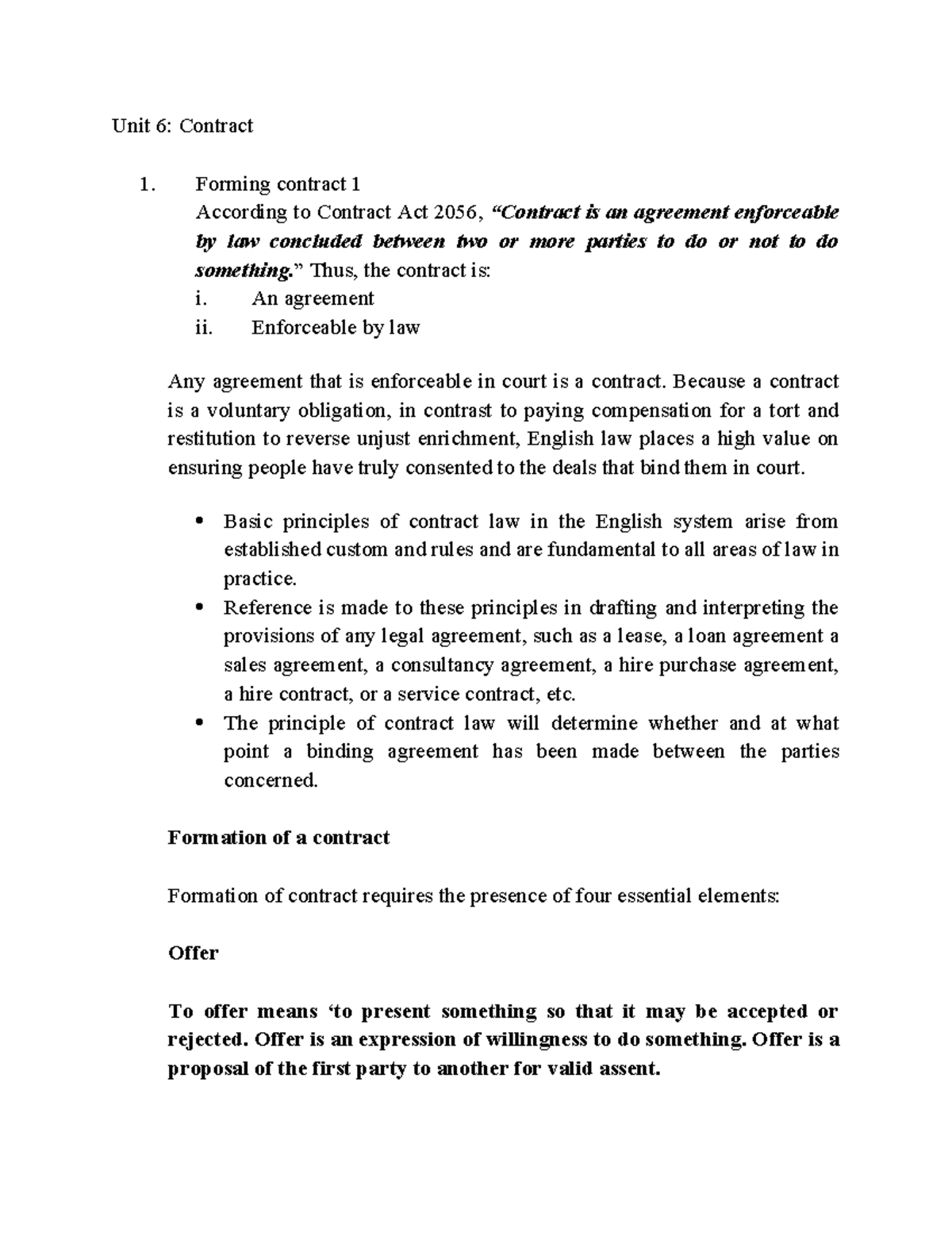 Contract - wefe - Unit 6: Contract 1. Forming contract 1 According to ...