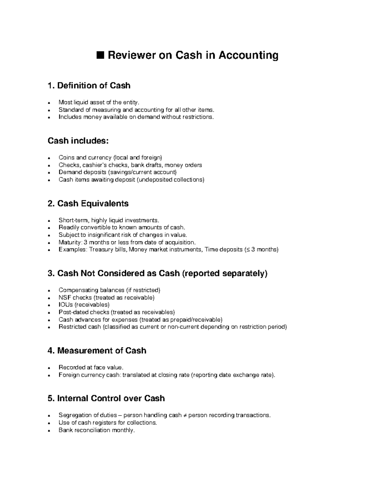 Reviewer on Cash in Accounting: Key Concepts and Definitions - Studocu