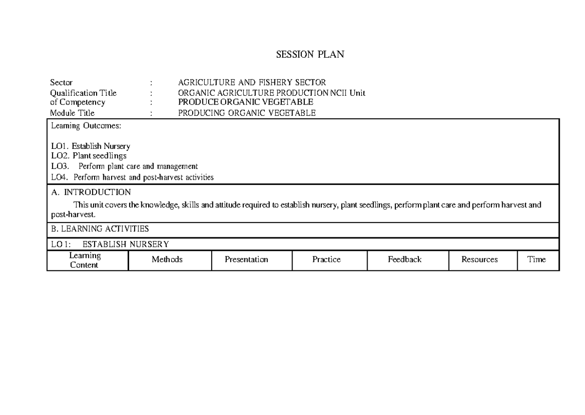 OAP Session Plan: Organic Vegetable Production NCII - Studocu