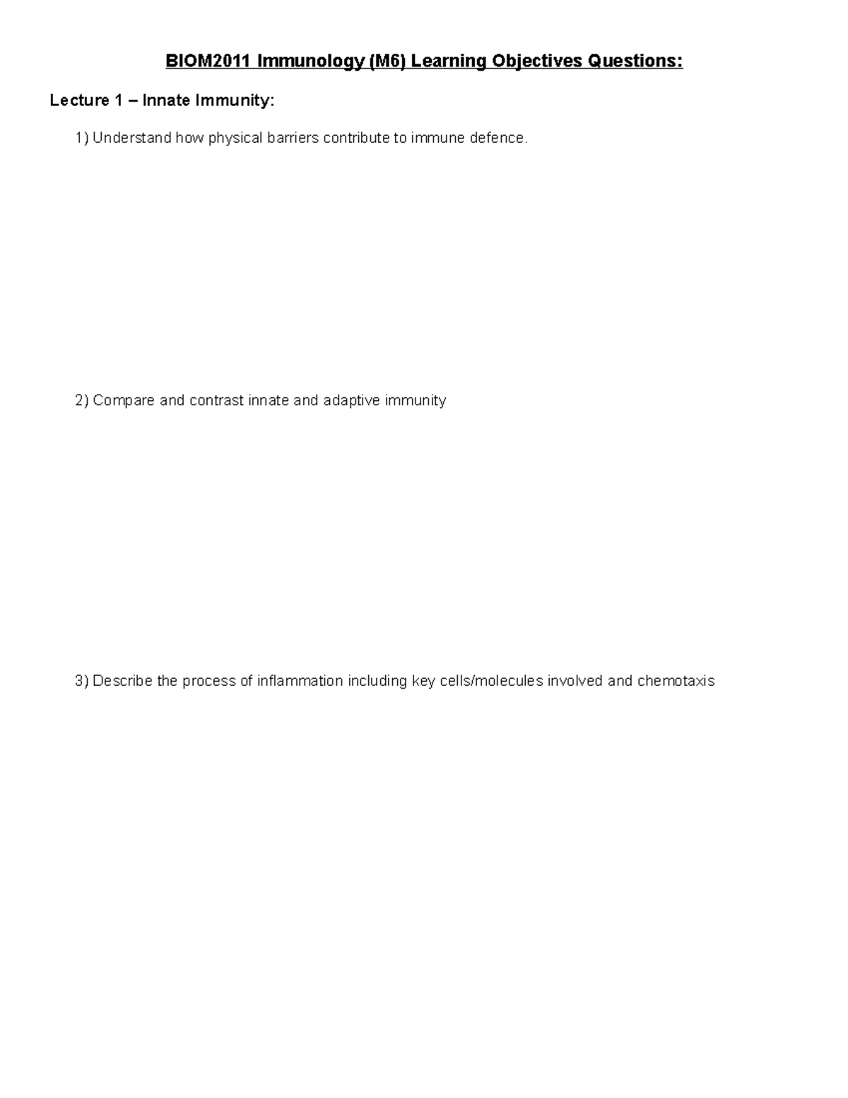 BIOM2011 Immunology (M6) Lecture Learning Objectives Overview - Studocu
