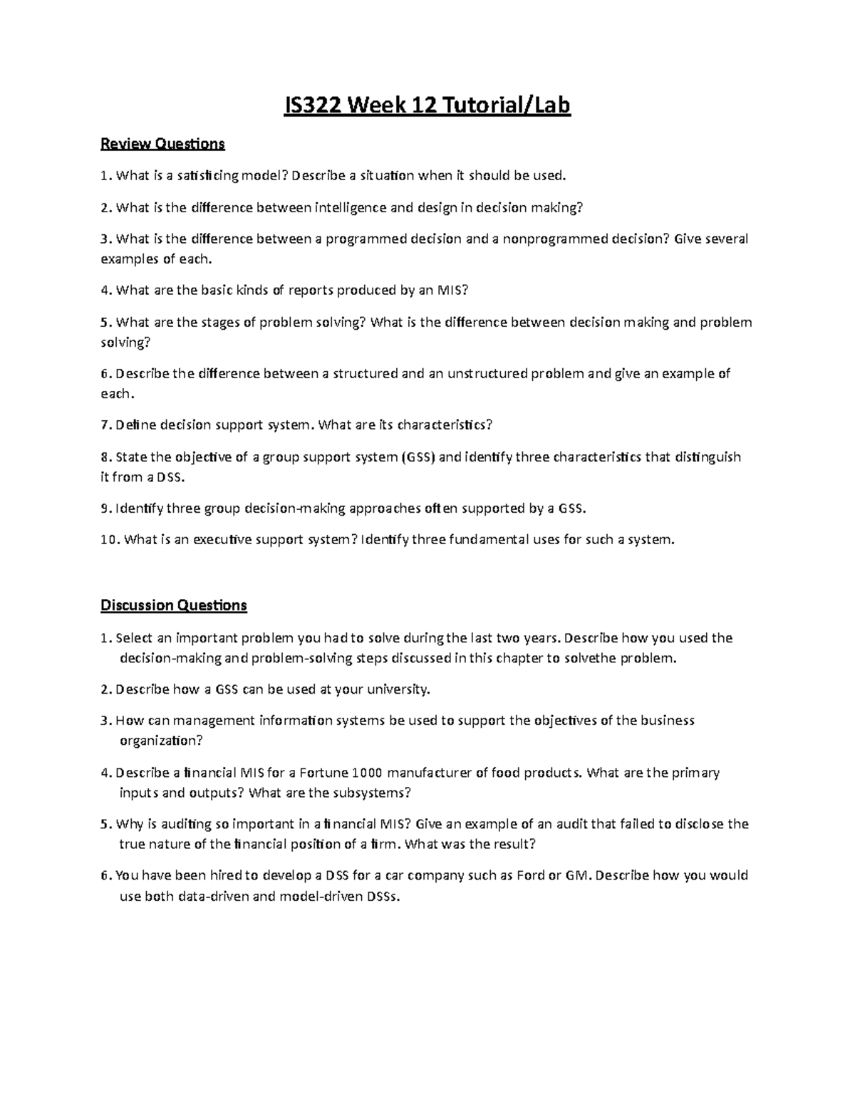 IS322 Week 12 Tutorial & Lab: Decision Making & MIS Insights - Studocu