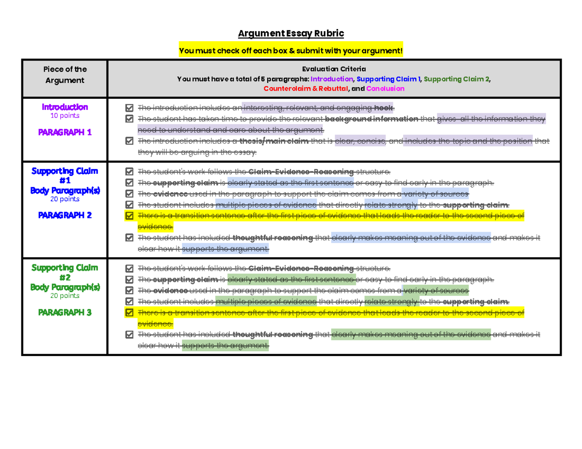 Damien Cradle - Argument Rubric and Checklist - 5206222 - Argument ...