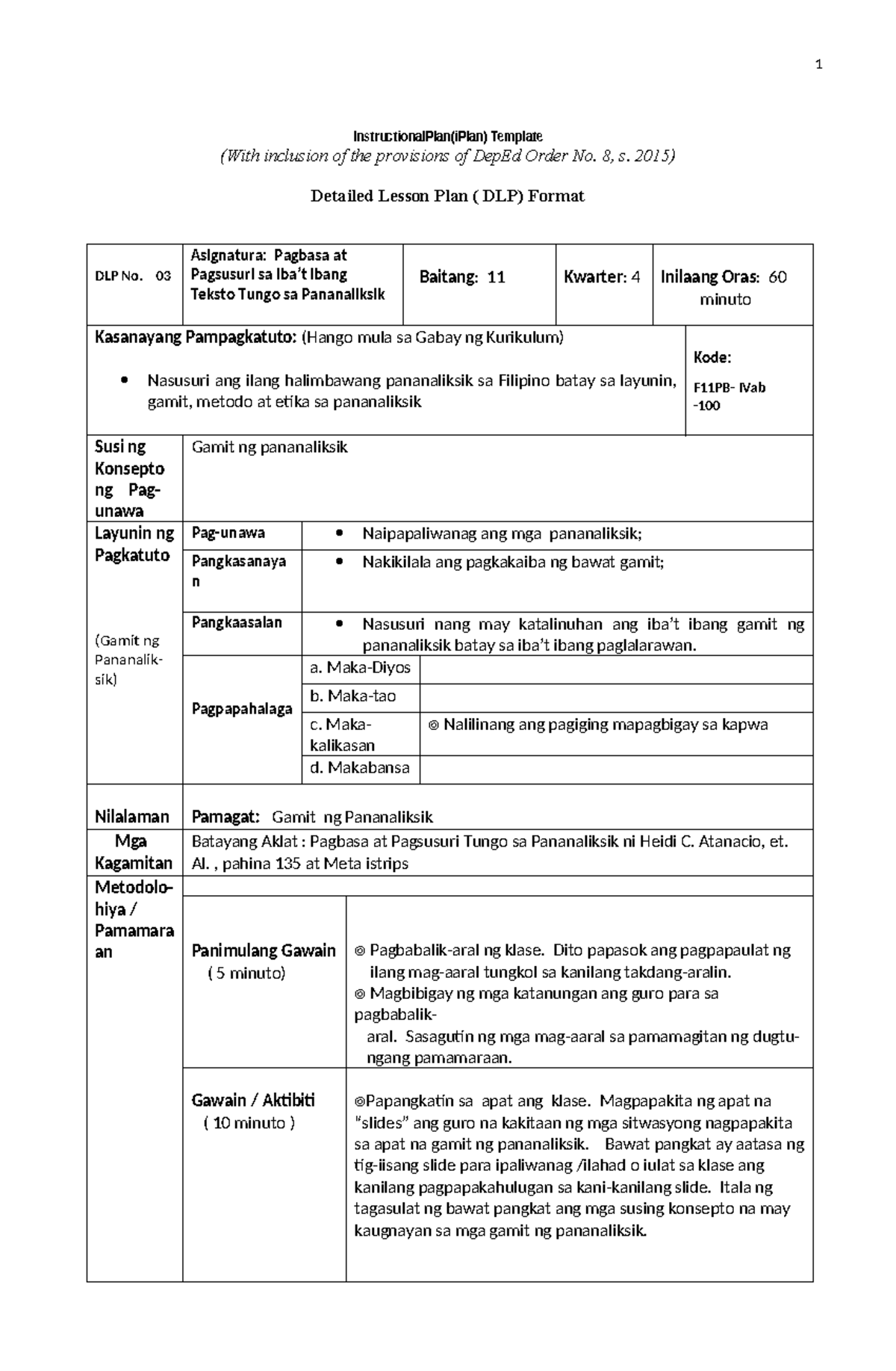 DLP No. 3 - Detailed Lesson Plan in Pagbasa at Pagsusuri (Filipino ...