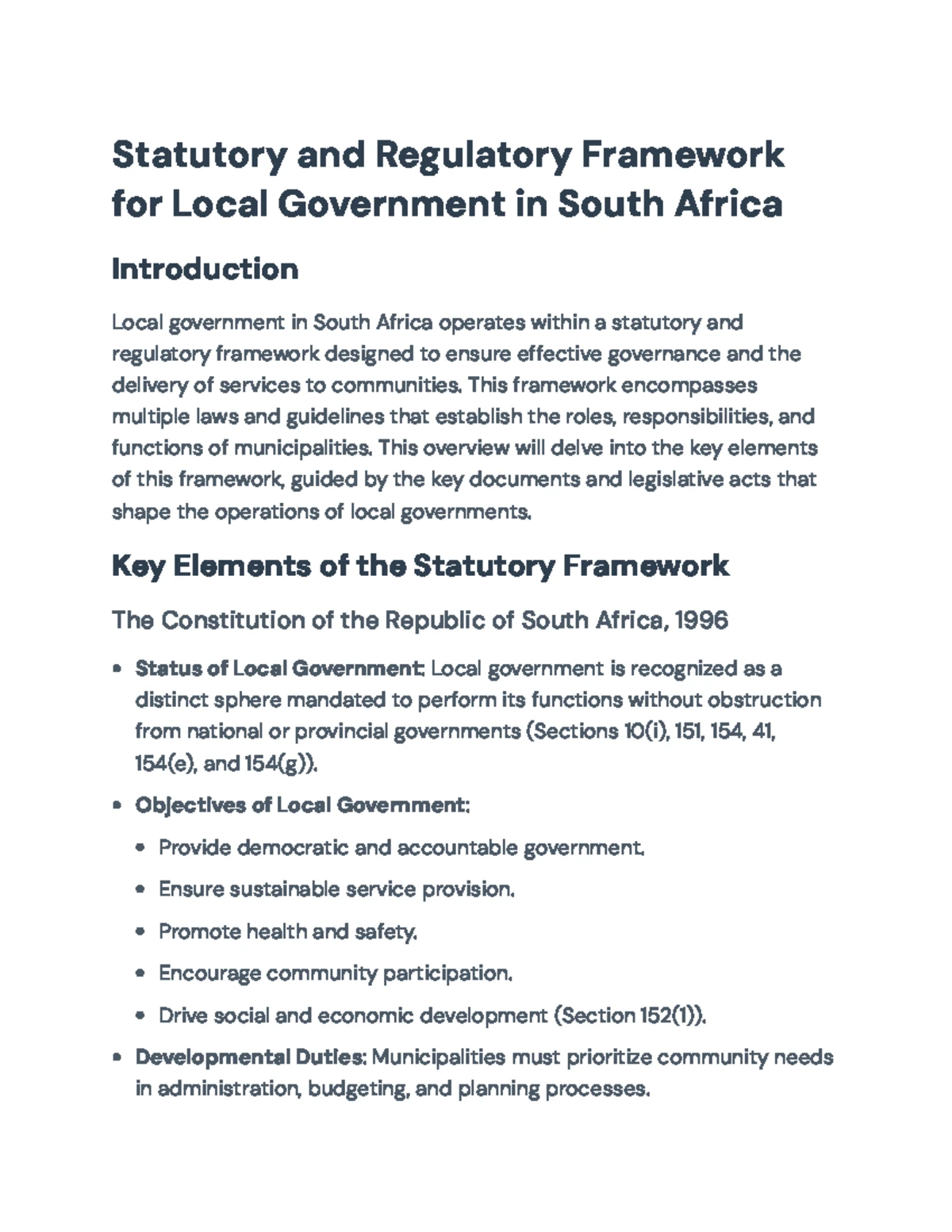 Legislative Framework for Local Government in South Africa: An Overview ...