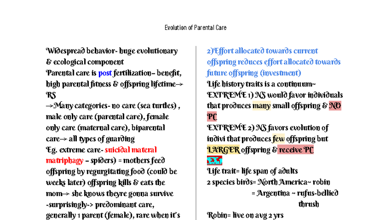 Evol Animal Behavior Notes (10): Parental Care Evolution Insights - Studocu