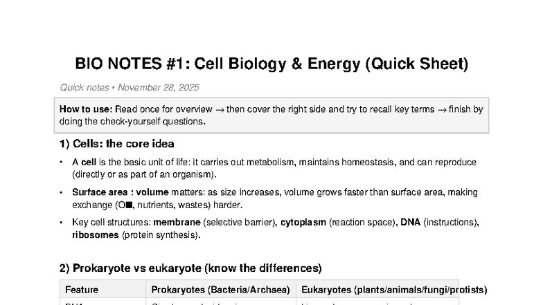 BIO 101 Cell Biology Energy Quick Notes (Study Guide) - Studocu