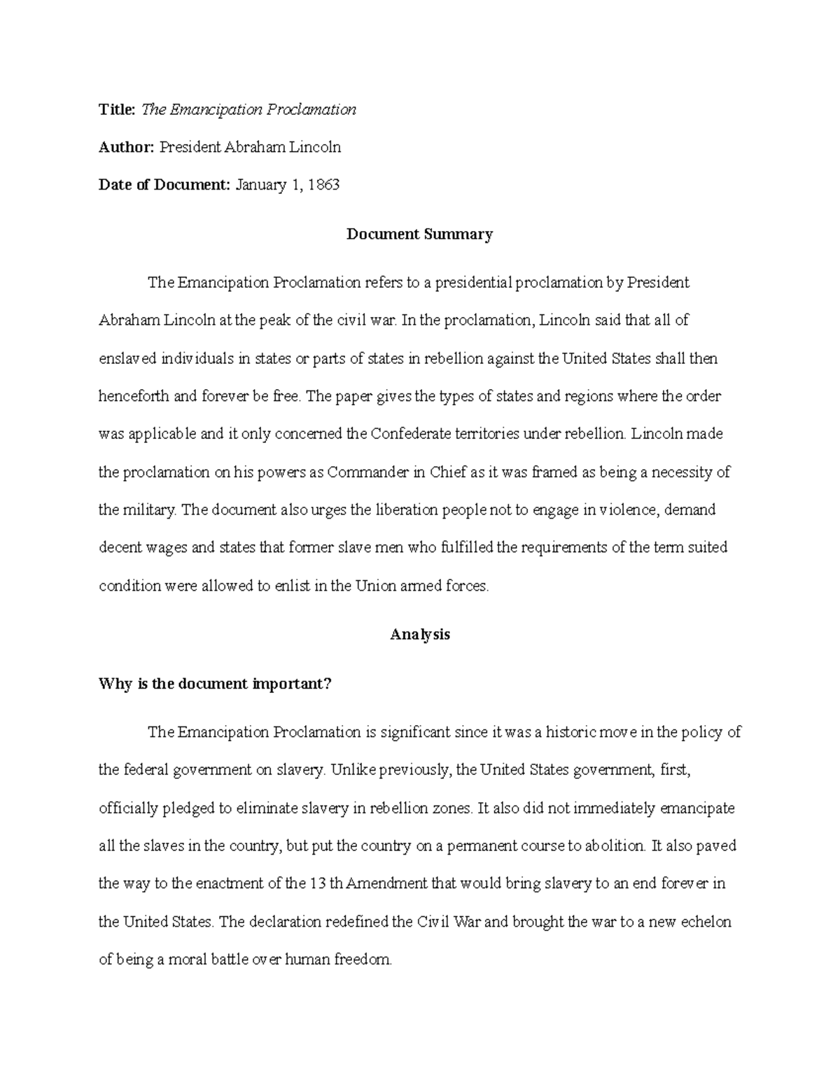 Title: HIST 101: Analysis of the Emancipation Proclamation - Studocu