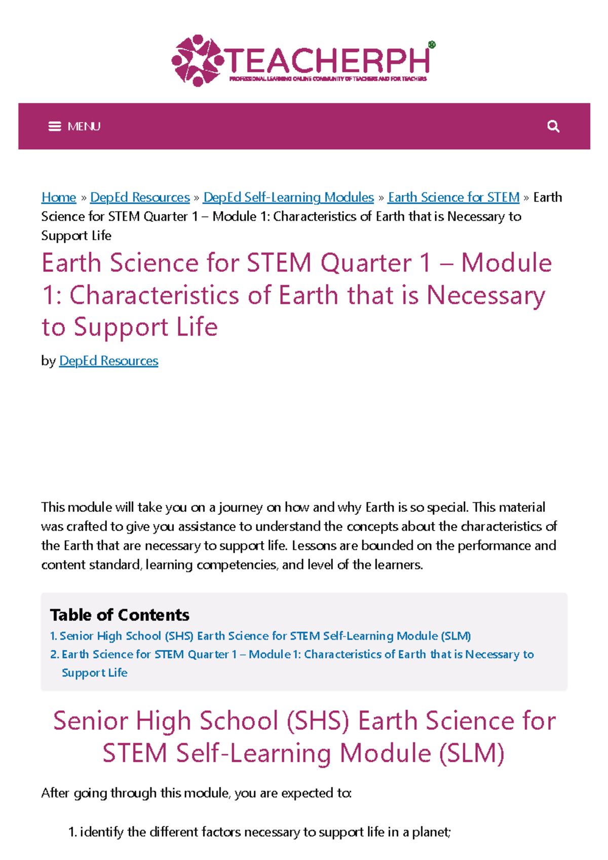 Earth Science for STEM Quarter 1 - Module 1_ Characteristics of Earth ...