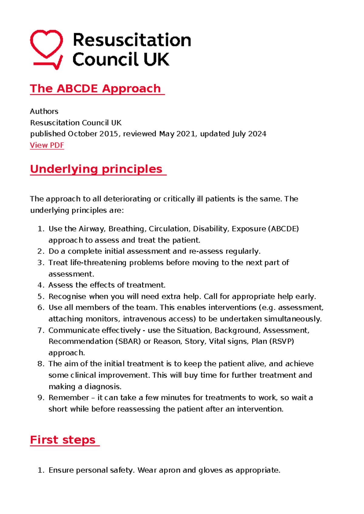 ABCDE Approach to Patient Assessment and Treatment - Studocu