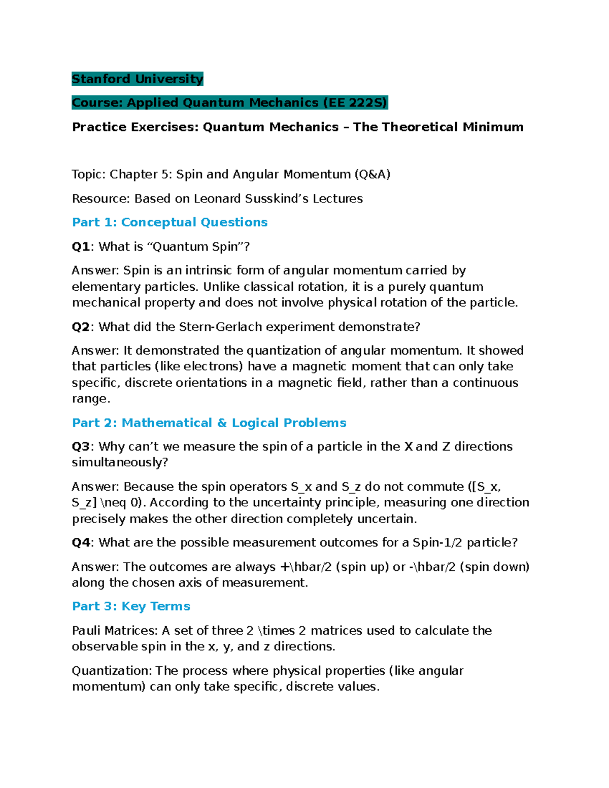 EE Practice Exercises: Quantum Mechanics Ch 5 - Spin & Angular Momentum ...