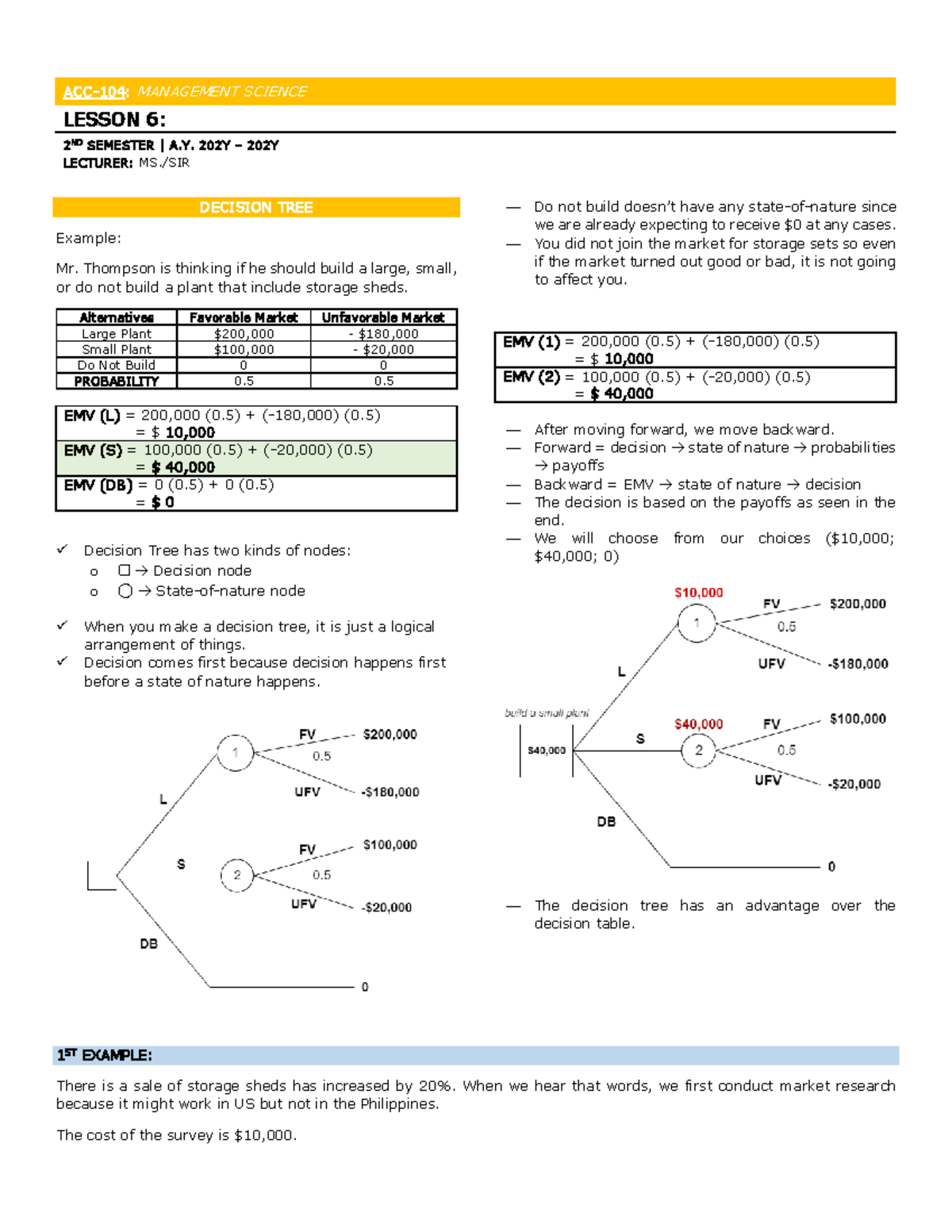 Management Science Decision Tree - ACC- 104 : MANAGEMENT SCIENCE LESSON ...