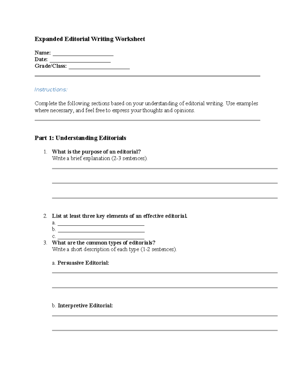 Editorial Writing Practice Worksheet - ENG101 - Studocu