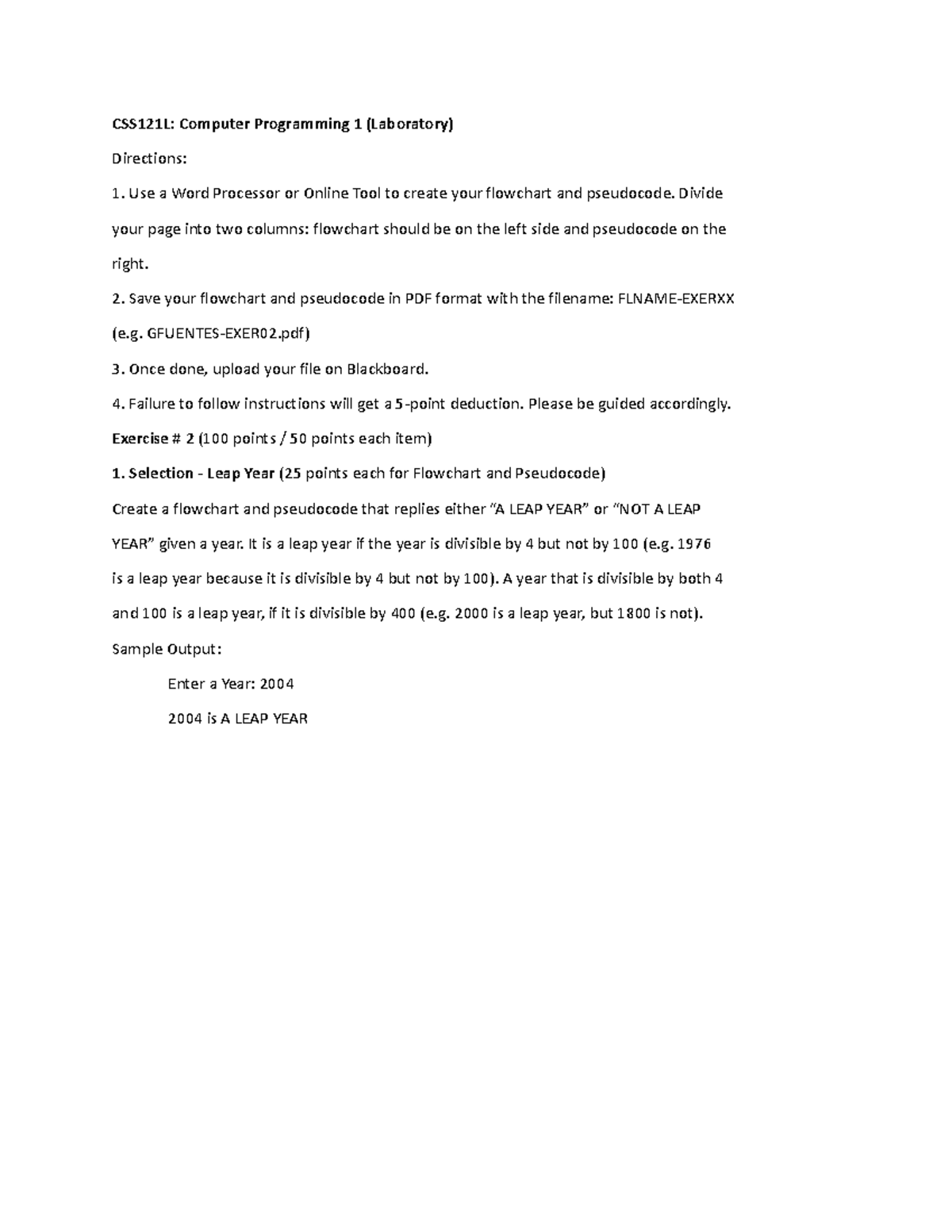 CSS121-EXER02 - Flowchart & Pseudocode for Leap Year Determination ...