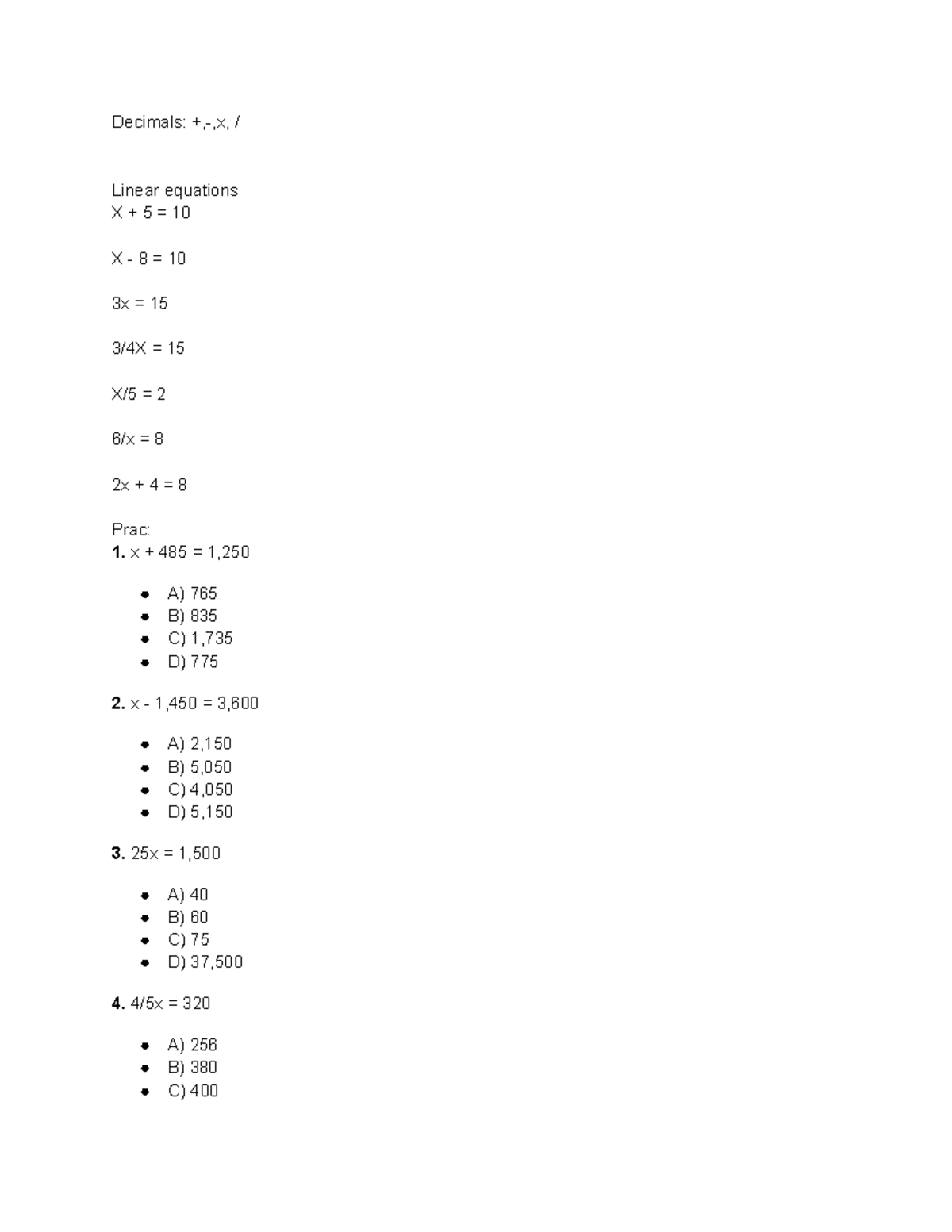 Practice Questions: Decimals & Linear Equations (Math 101) - Studocu