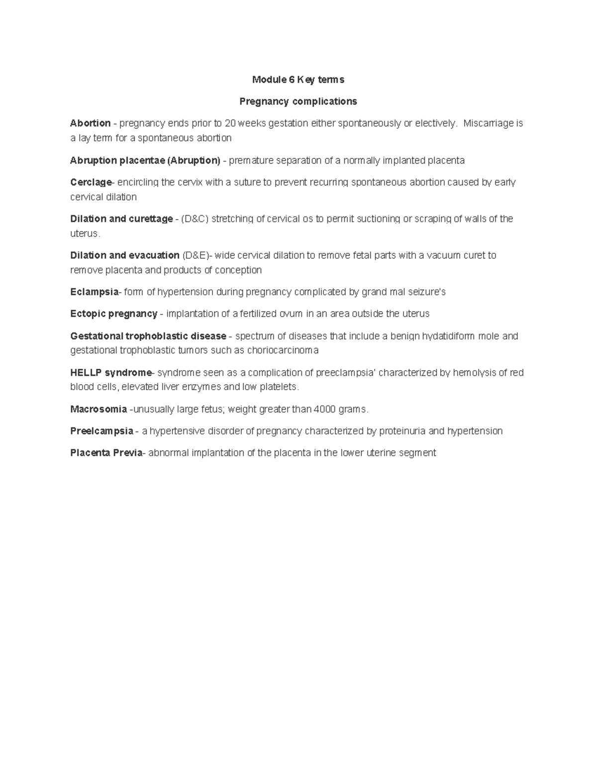Module 6 Key Terms for OB Study: Pregnancy Complications - Studocu
