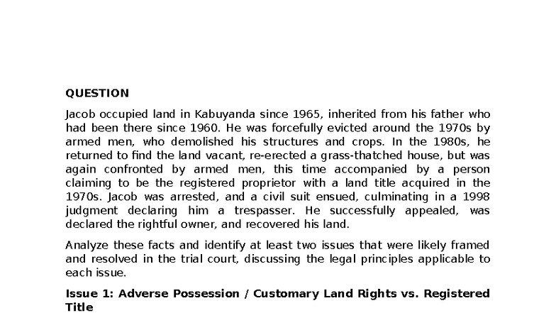 Land law QN - Land law - QUESTION Jacob occupied land in Kabuyanda ...