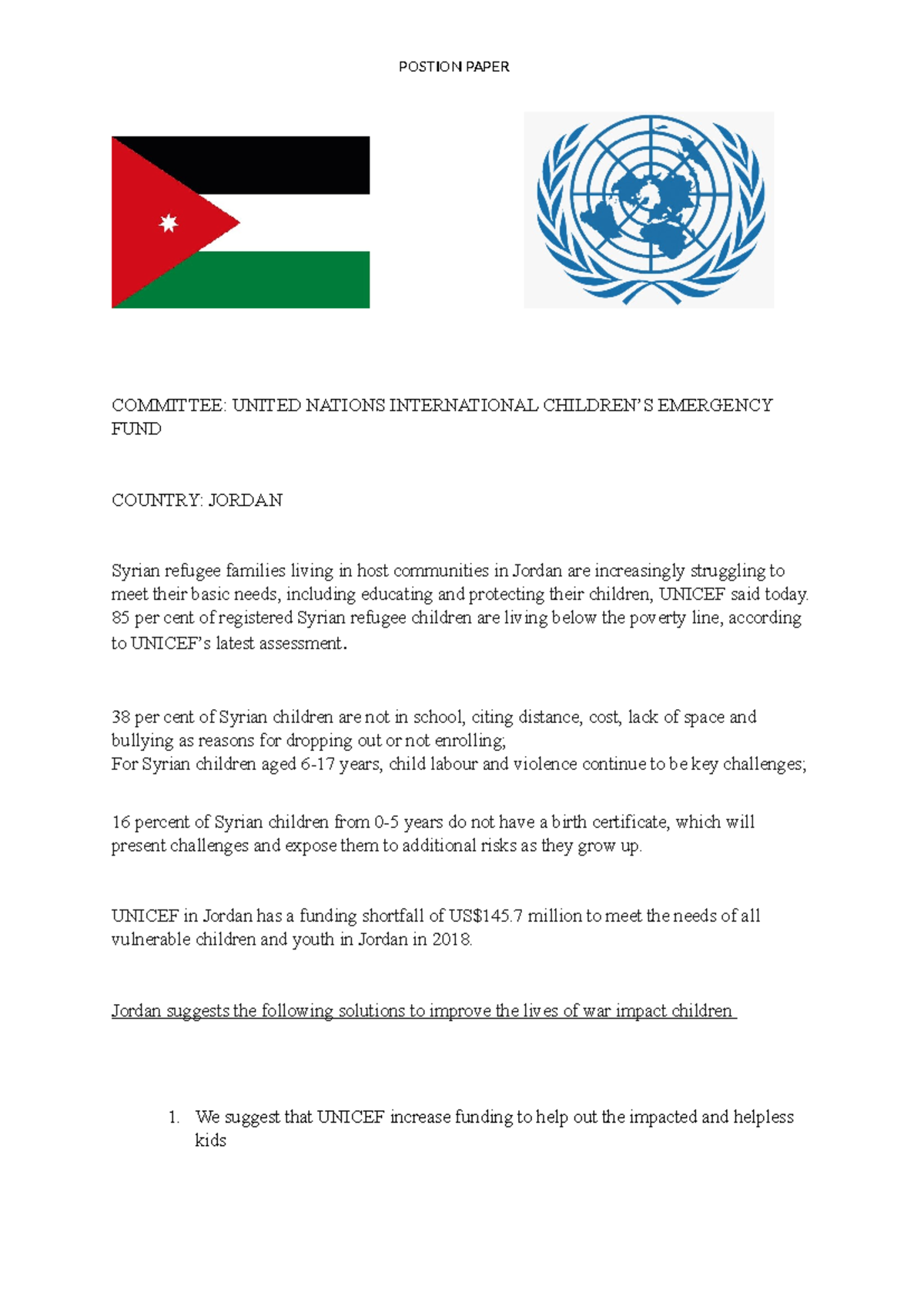 Position Paper: UNICEF Funding Needs for Syrian Refugees in Jordan ...
