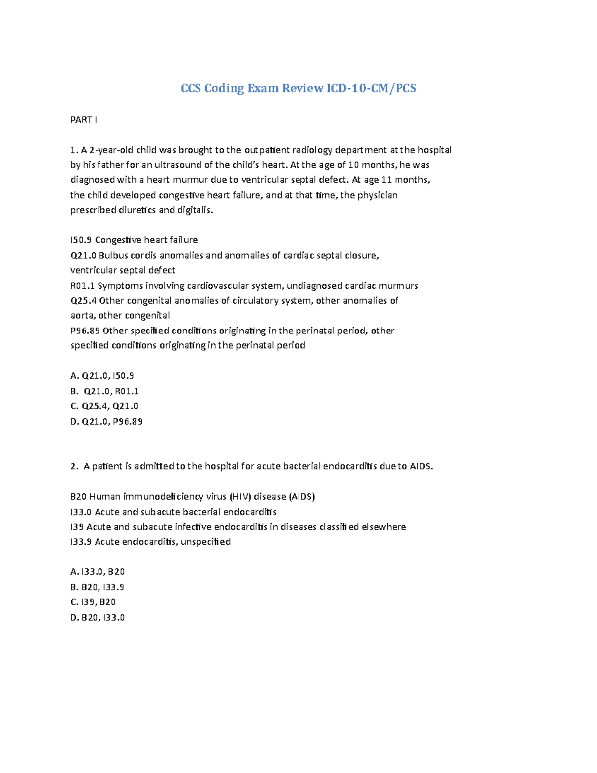 Coding III CCS Coding Exam Review ICD-10 Without Answers - CCS Coding Exam Review ICD-10-CM/PCS ...