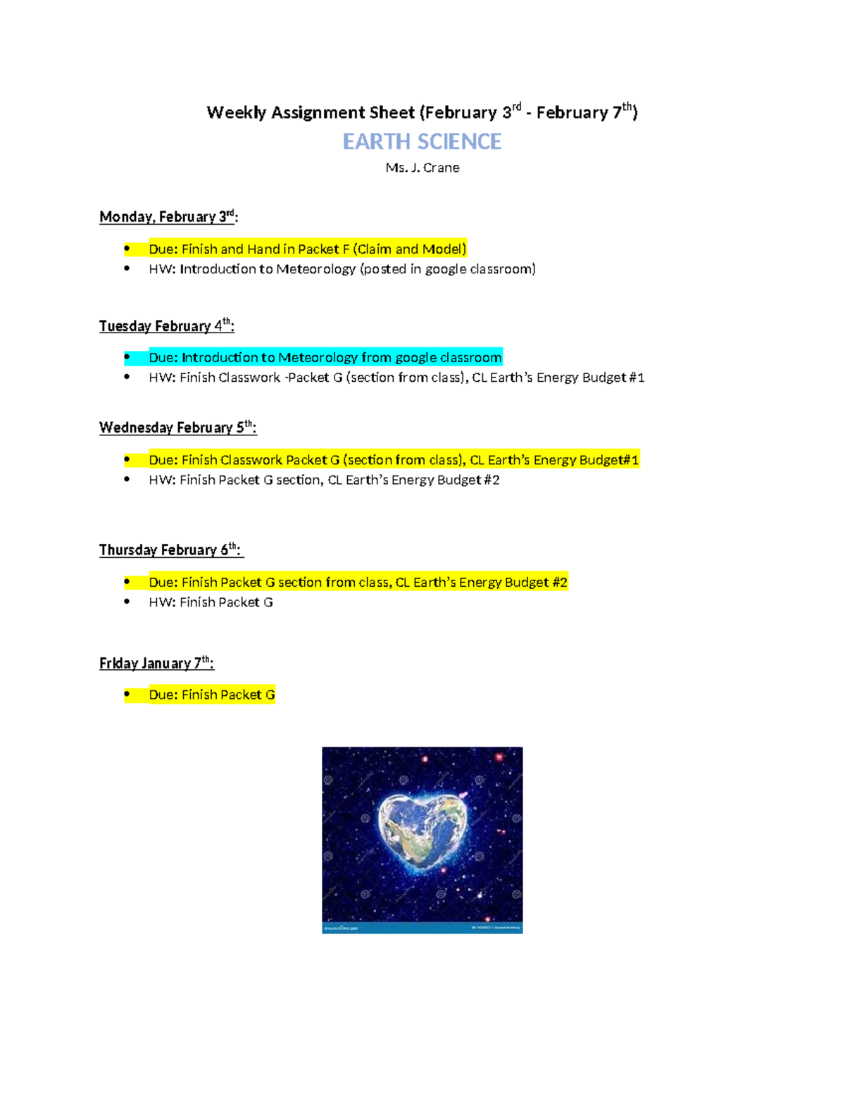 Earth Science WAS February 3-7 - Weekly Assignment Sheet (February 3 rd ...