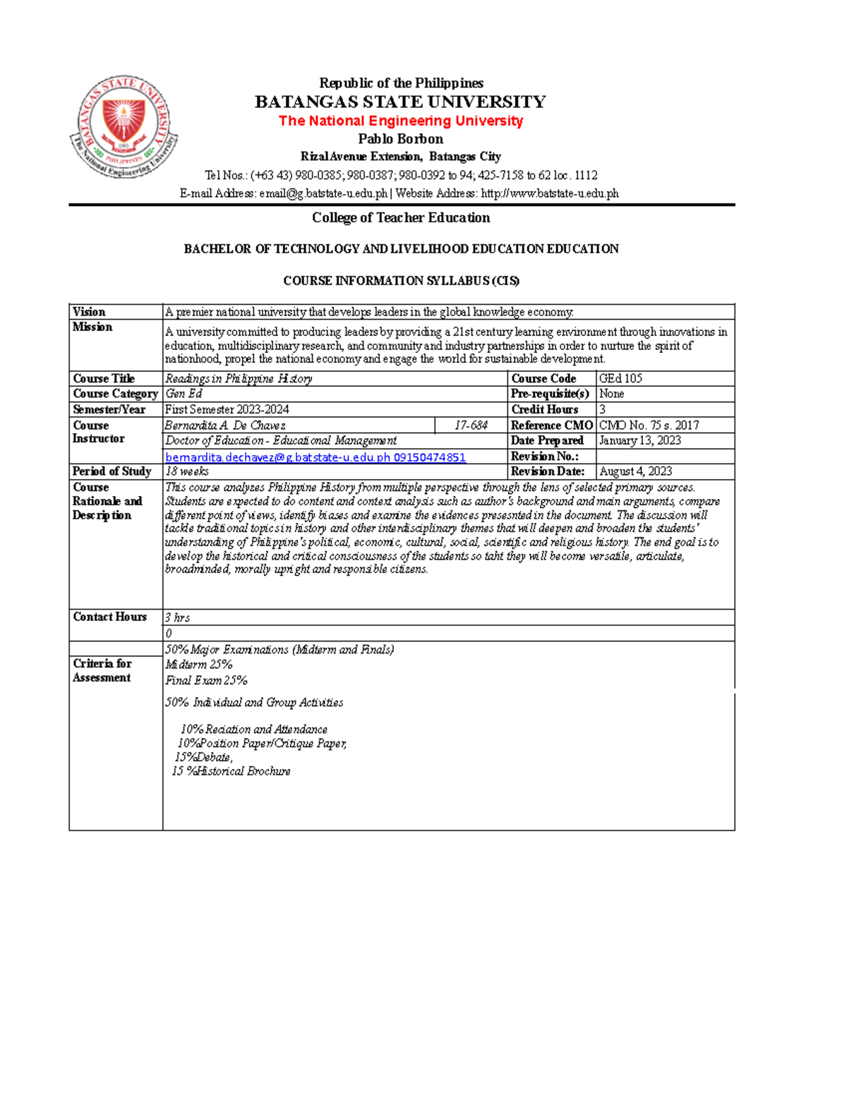 GED 105: Readings in Philippine History Syllabus (1st Sem 2023-2024 ...