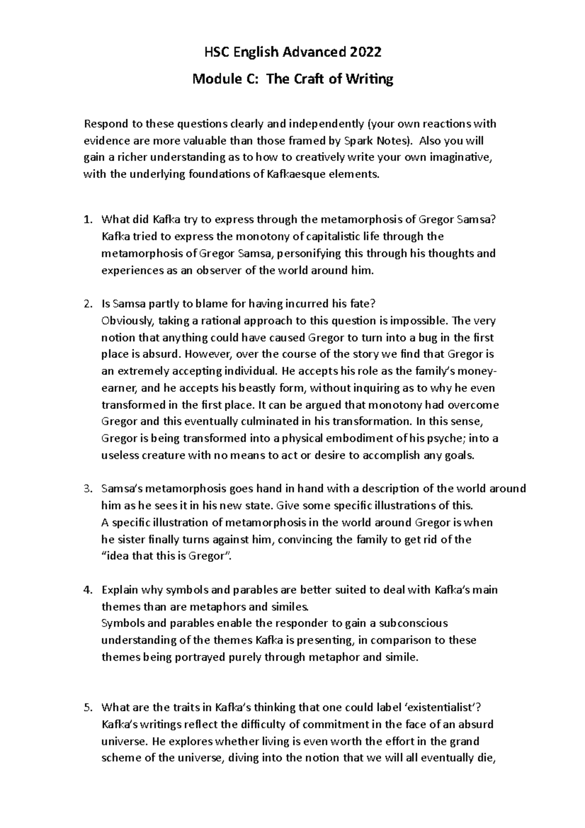 Year 12 HSC English Advanced: Craft of Writing & Kafka Questions - Studocu