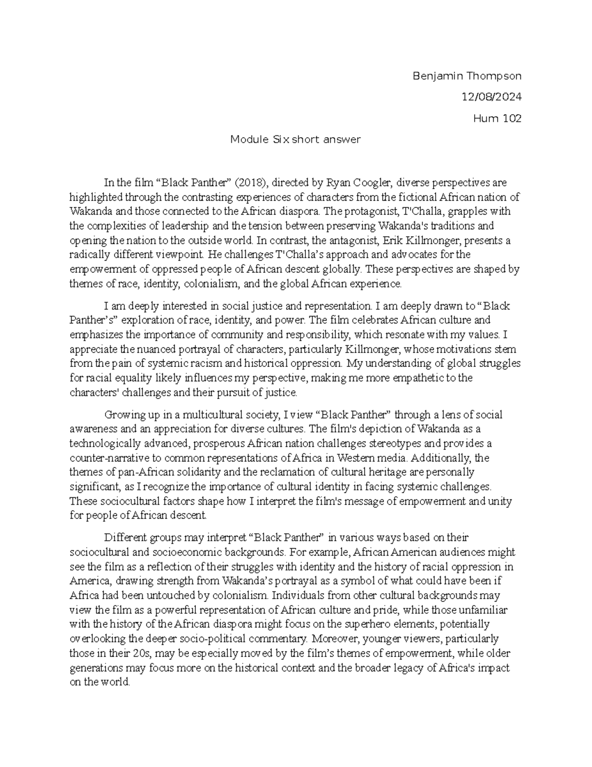 Hum 102 Module Six Short Answer: Analyzing "Black Panther" Perspectives ...