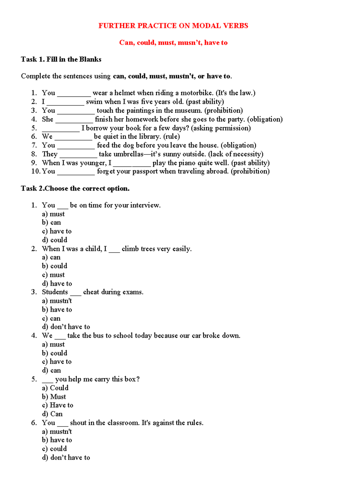 Further Practice on Modal Verbs: Fill-in Activities and Exercises - Studocu