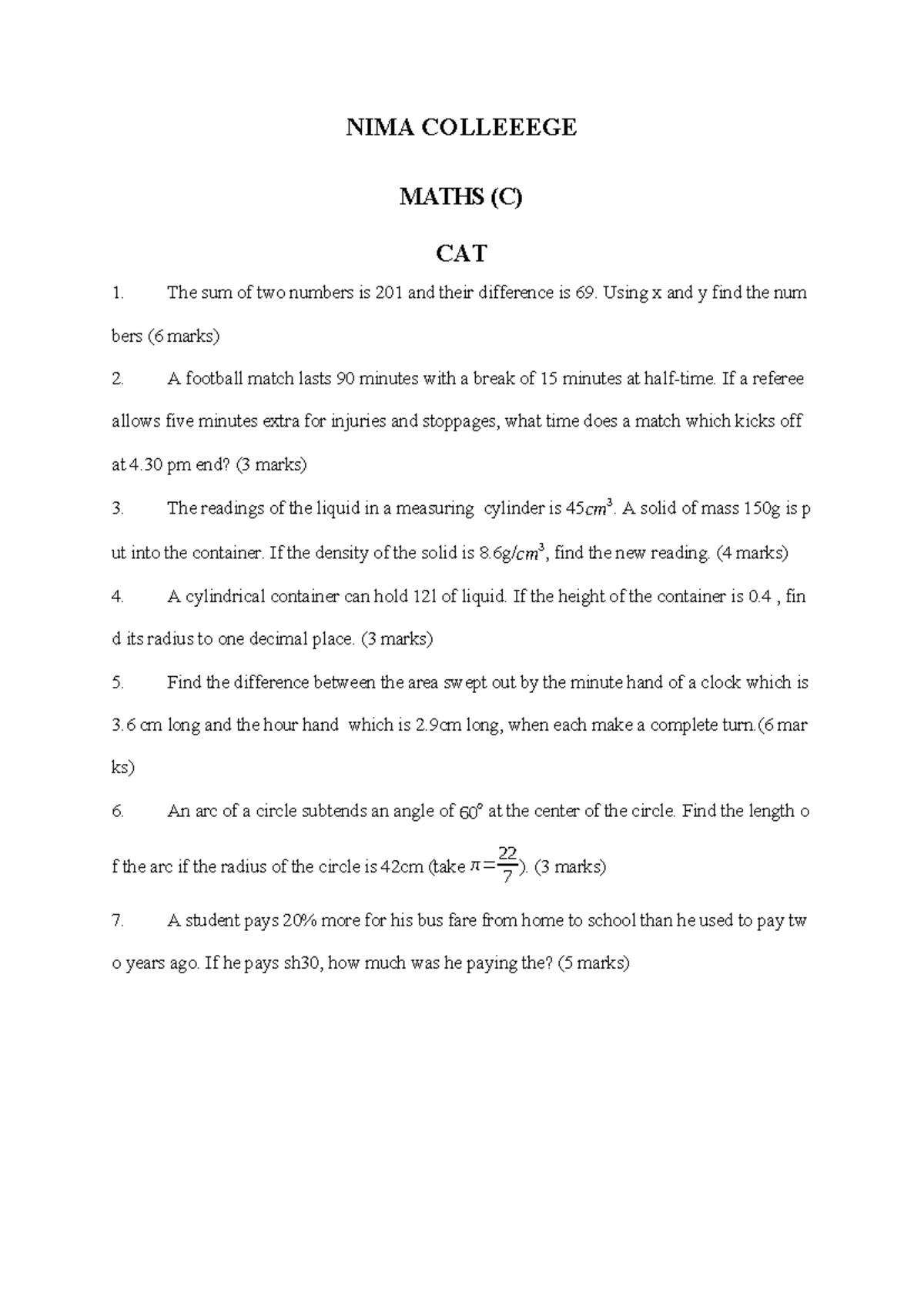 Maths (C) CAT Exam Questions - NIMA College - Studocu
