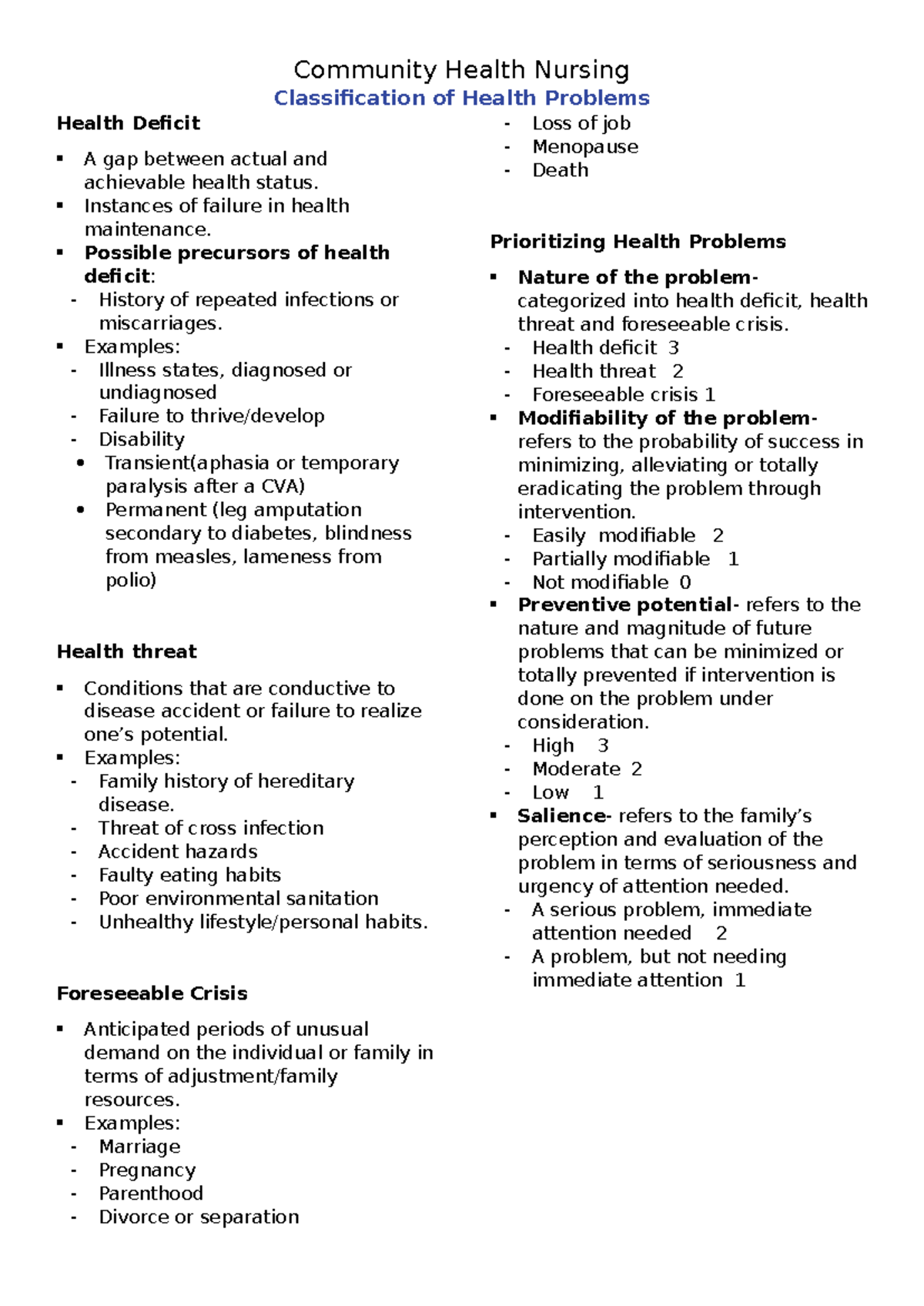Community Health Nursing: Classification of Health Problems - Studocu