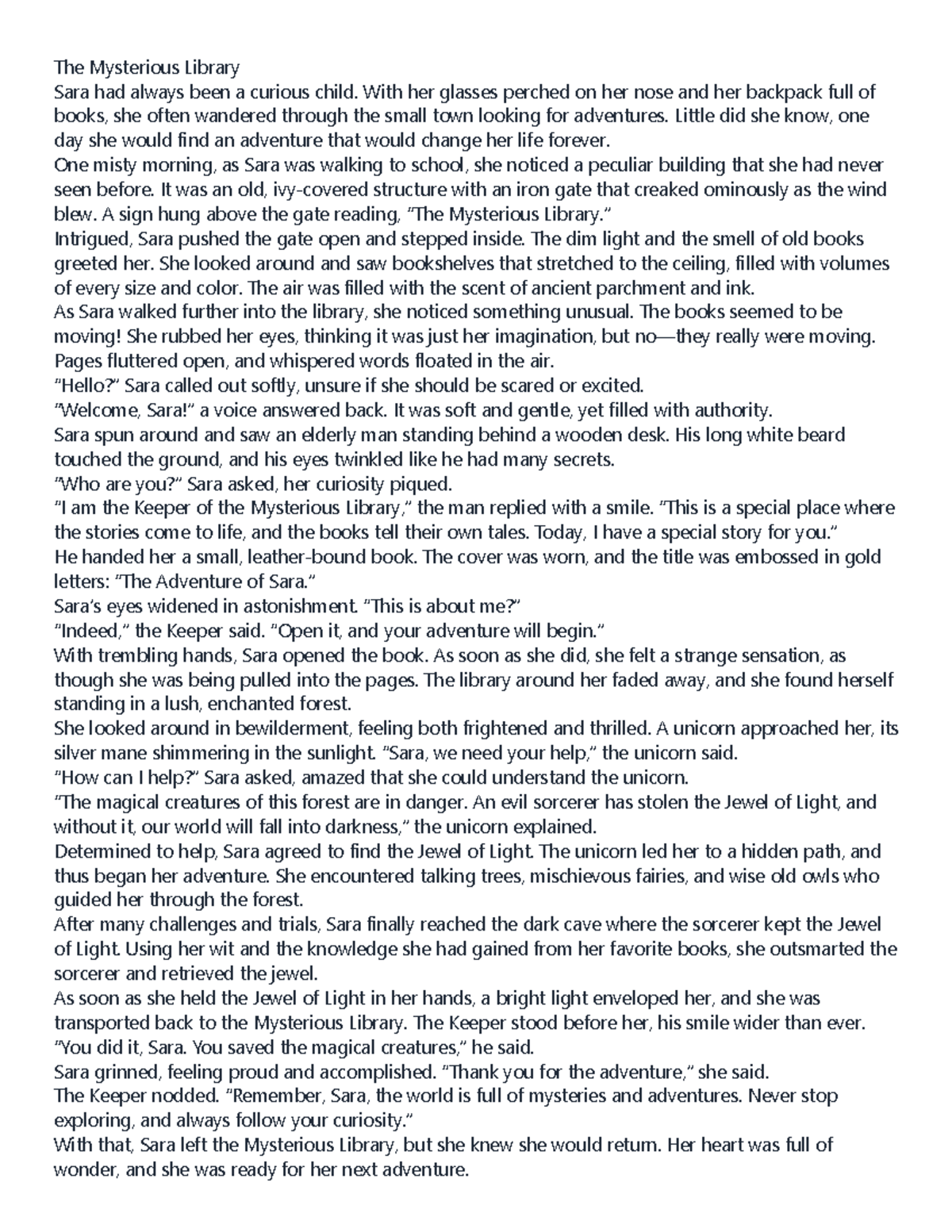 ENG100 - The Mysterious Library: A Curious Adventure of Sara - Studocu