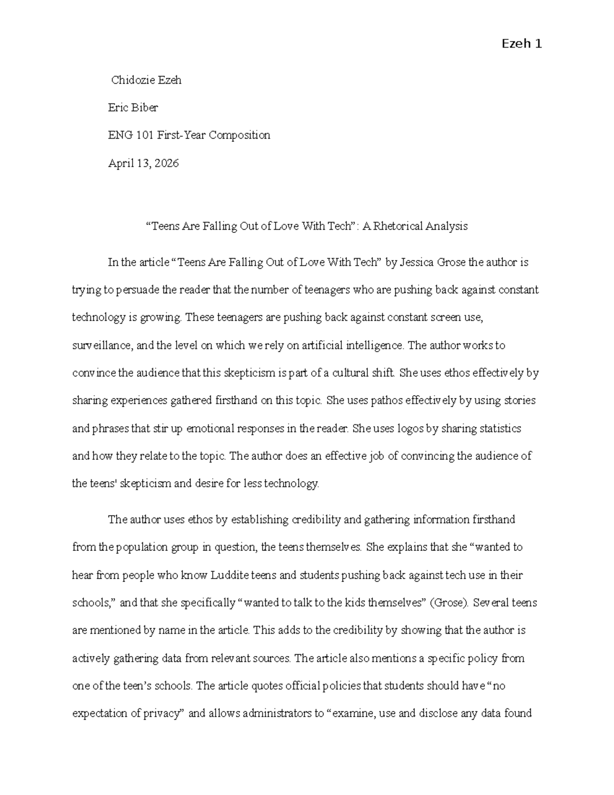 ENG 101 Rhetorical Analysis Final Draft: Are Teens Falling Out of Love ...