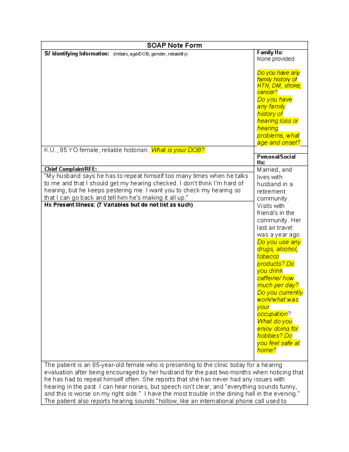 HEENT Capstone SOAP Note: Hearing Evaluation for K.U. (85 YO) - Studocu
