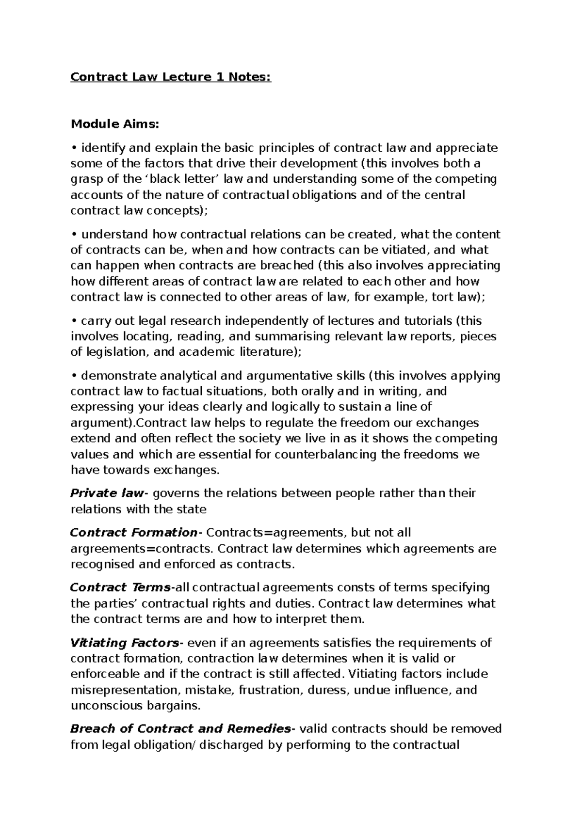 Contract Law Lecture 1 Notes: Principles, Vitiation, and Breach - Studocu