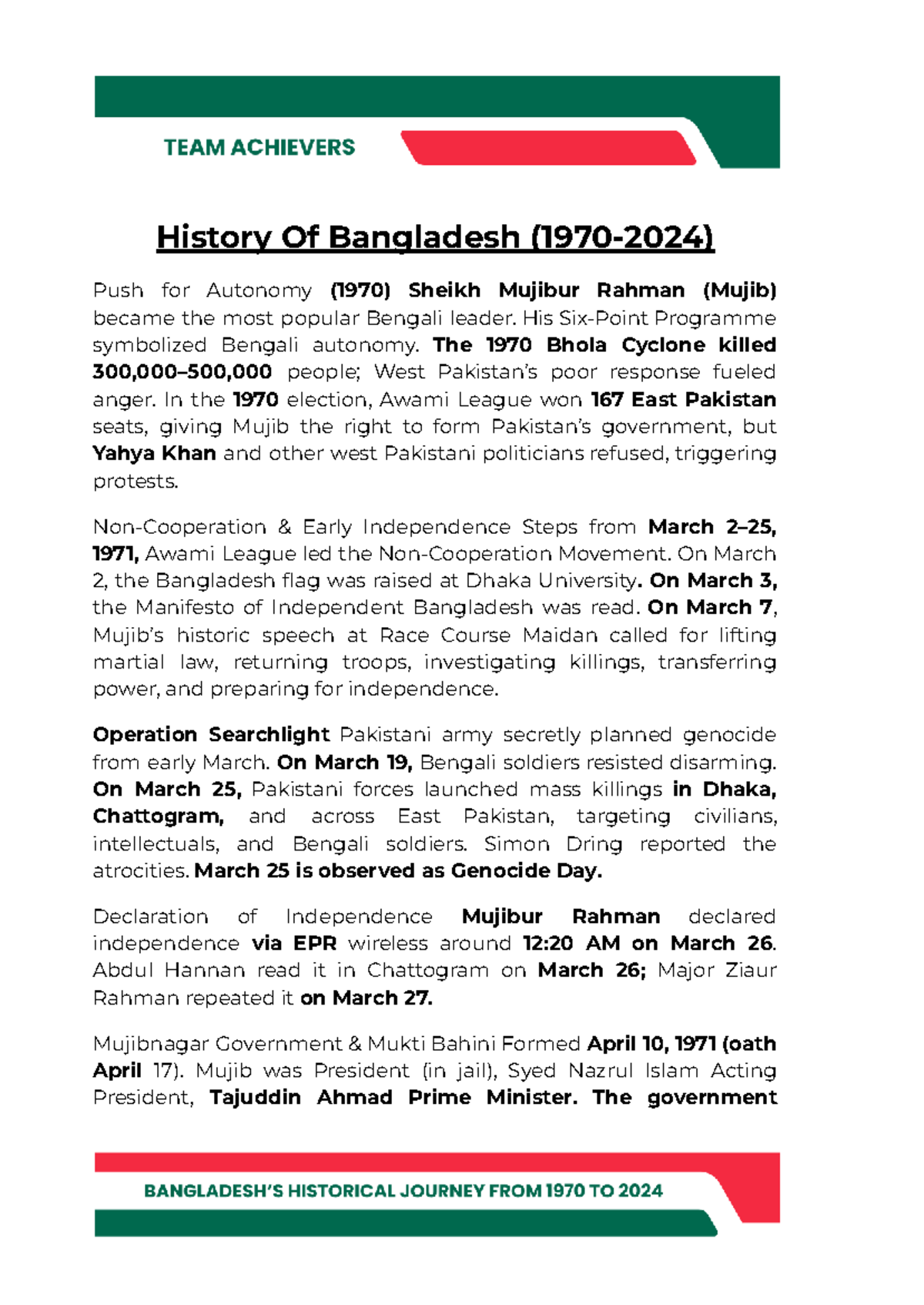 History of Bangladesh: Autonomy to Modern Challenges (1971-2024) - Studocu