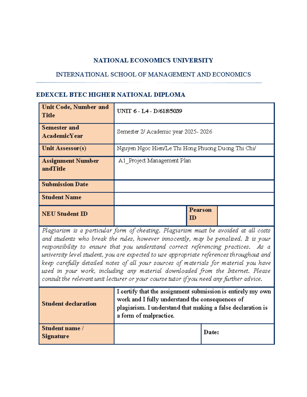 NEU BTEC HND Unit 6 A1 Project Management Plan Template - Studocu
