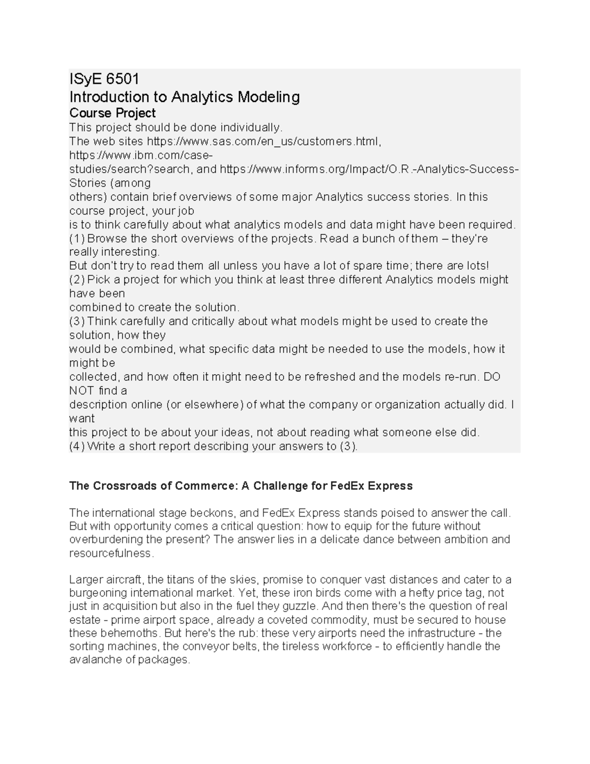ISYE 6501 Course Project: Analytics Models for FedEx Optimization - Studocu