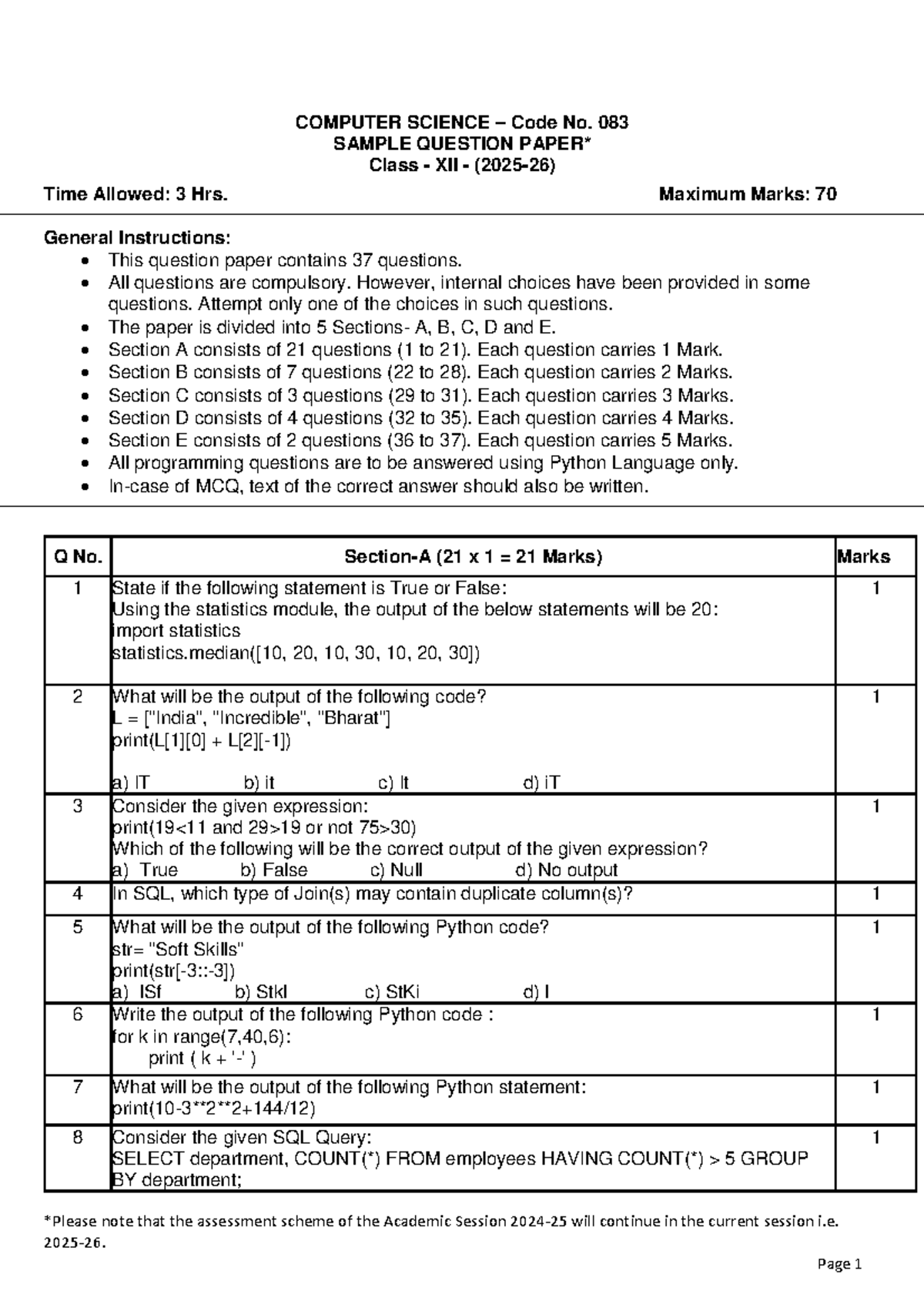 COMPUTER SCIENCE Code No. 083 SAMPLE QUESTION Class XII - 3 Hrs, 70 Marks - Studocu