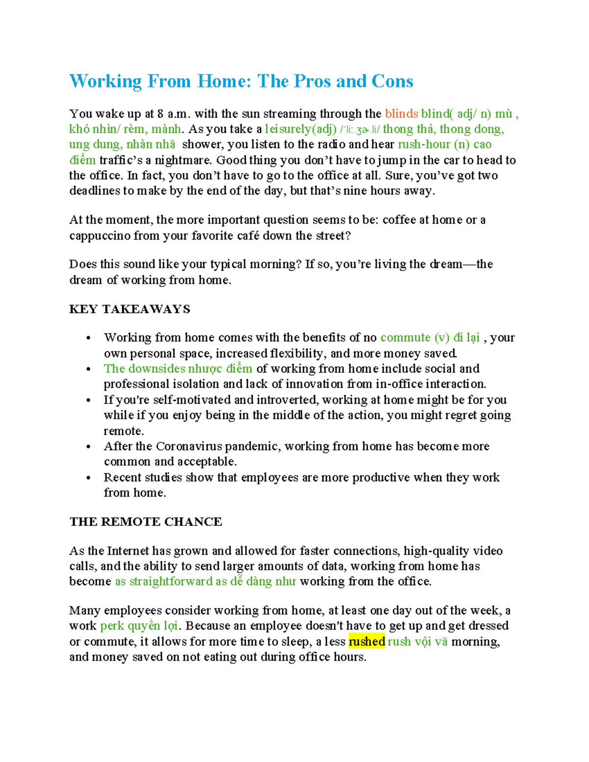Working From Home: Pros and Cons Analysis (WKH 101) - Studocu