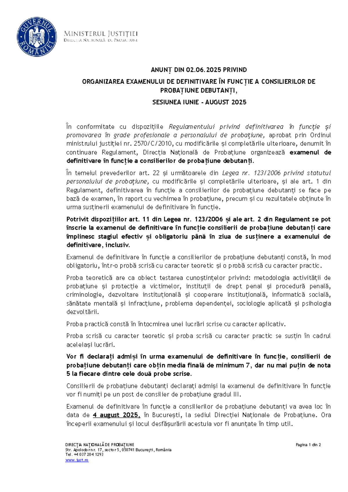 Anunț Examen Definitivare Consilieri Probațiune - Iunie August 2025 ...