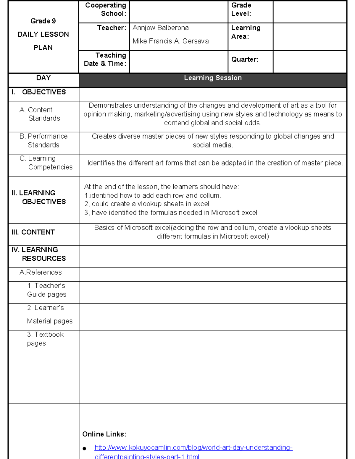 Grade 9 Lesson Plan: Mastering Microsoft Excel Basics - Studocu