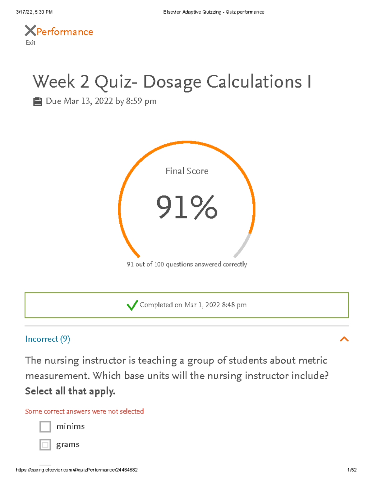 Elsevier Adaptive Quizzing -week 2 - Exit Performance Week 2 Quiz- Dosage Calculations I Due Mar ...