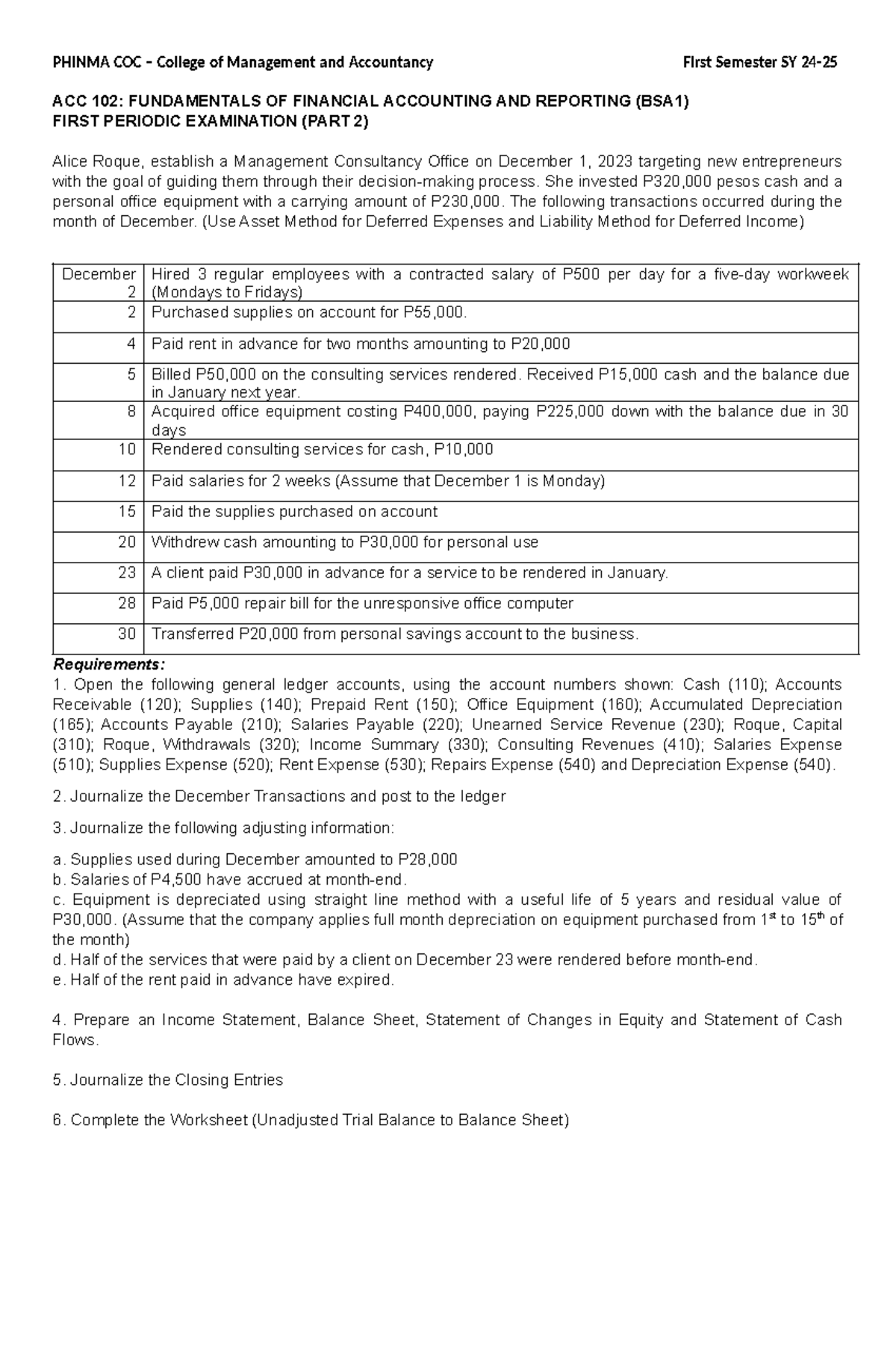 ACC-102 - First Periodic Exam Practice - Financial Accounting ...
