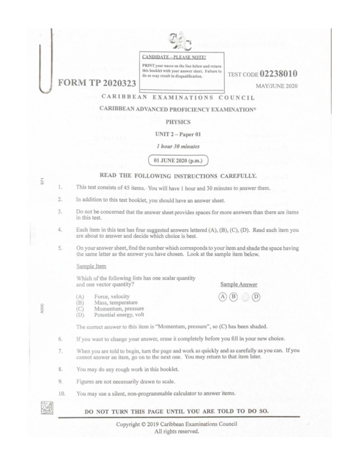 CAPE Physics Unit 2 Paper 1 Exam 2020 Instructions and Questions - Studocu