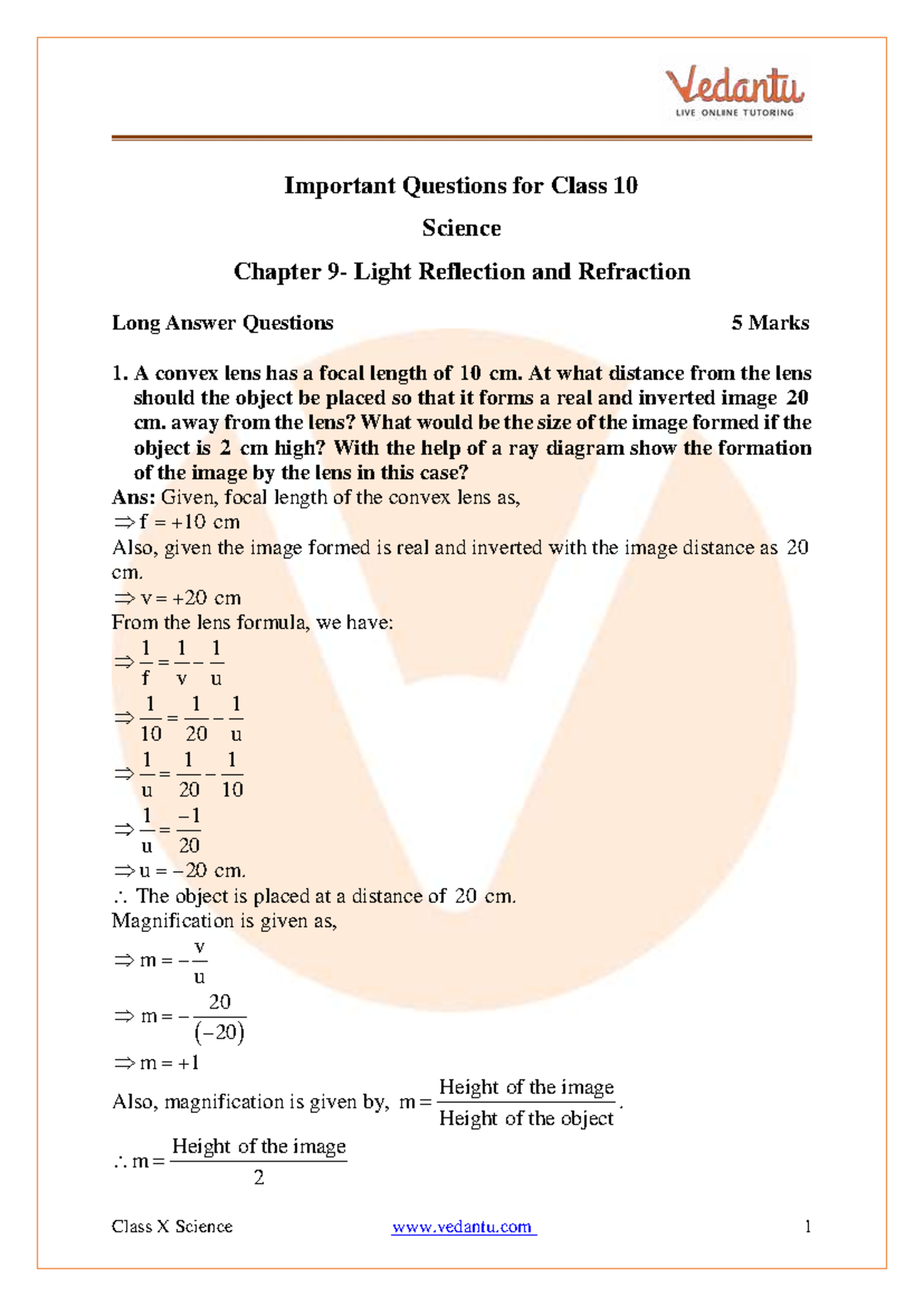 Light Reflection and Refraction Class 10 Important Q&A - Studocu