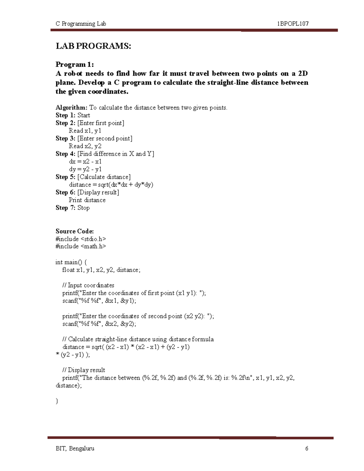 C Programming Lab 1BPOPL107: Distance Calculation Program - Studocu