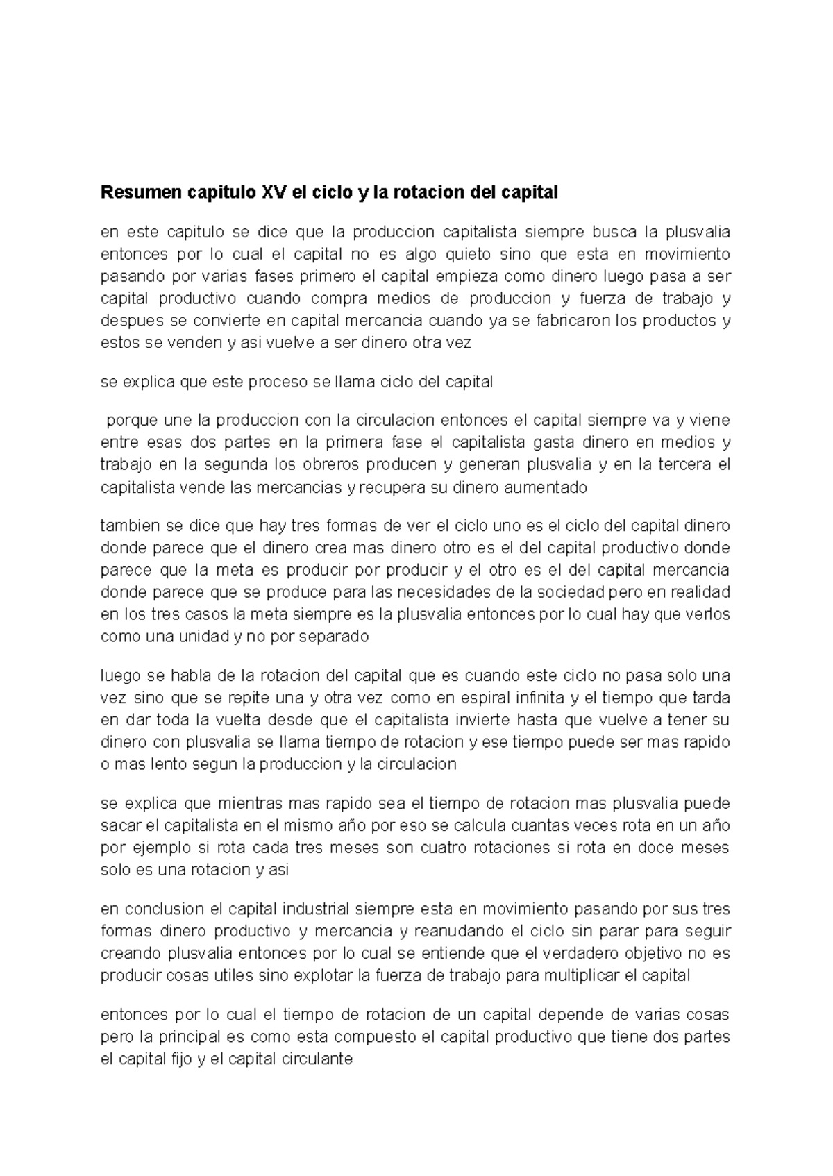 Resumen Capítulo XV: Ciclo y Rotación del Capital - Studocu