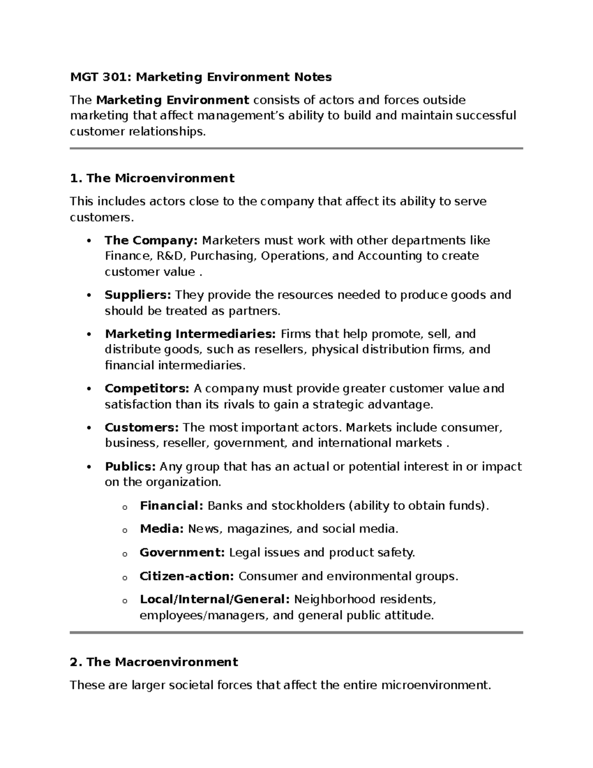 MGT 301: Comprehensive Marketing Environment Lecture Notes - Studocu