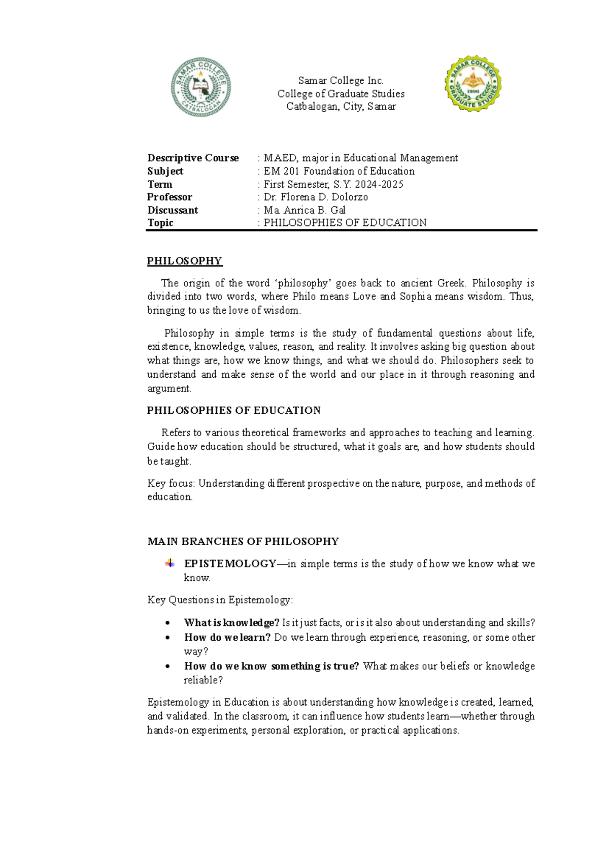 MAED EM 201: Philosophies of Education - Insights and Frameworks - Studocu